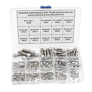 MCMASKE #2-56#4-40#6-32#8-32#10-24 1/4"-20 5/16"-18 UNC 304 Stainless Steel Socket Head Cap Screws Assortment Kit