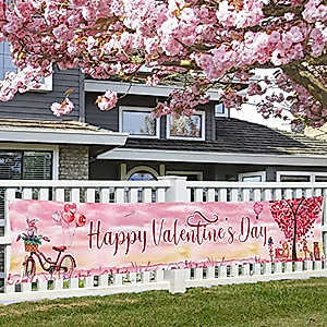 Large Happy Valentines Day Banner Outdoor Decorations 120" x 20" Valentine's Yard Sign Pink Hearts Tree Bicycle Balloons Bears Flowers Birds Holiday Party Supplies Valentine Backdrop Home Decor with Brass Grommets for Garden House Fence Garage Indoor Gift