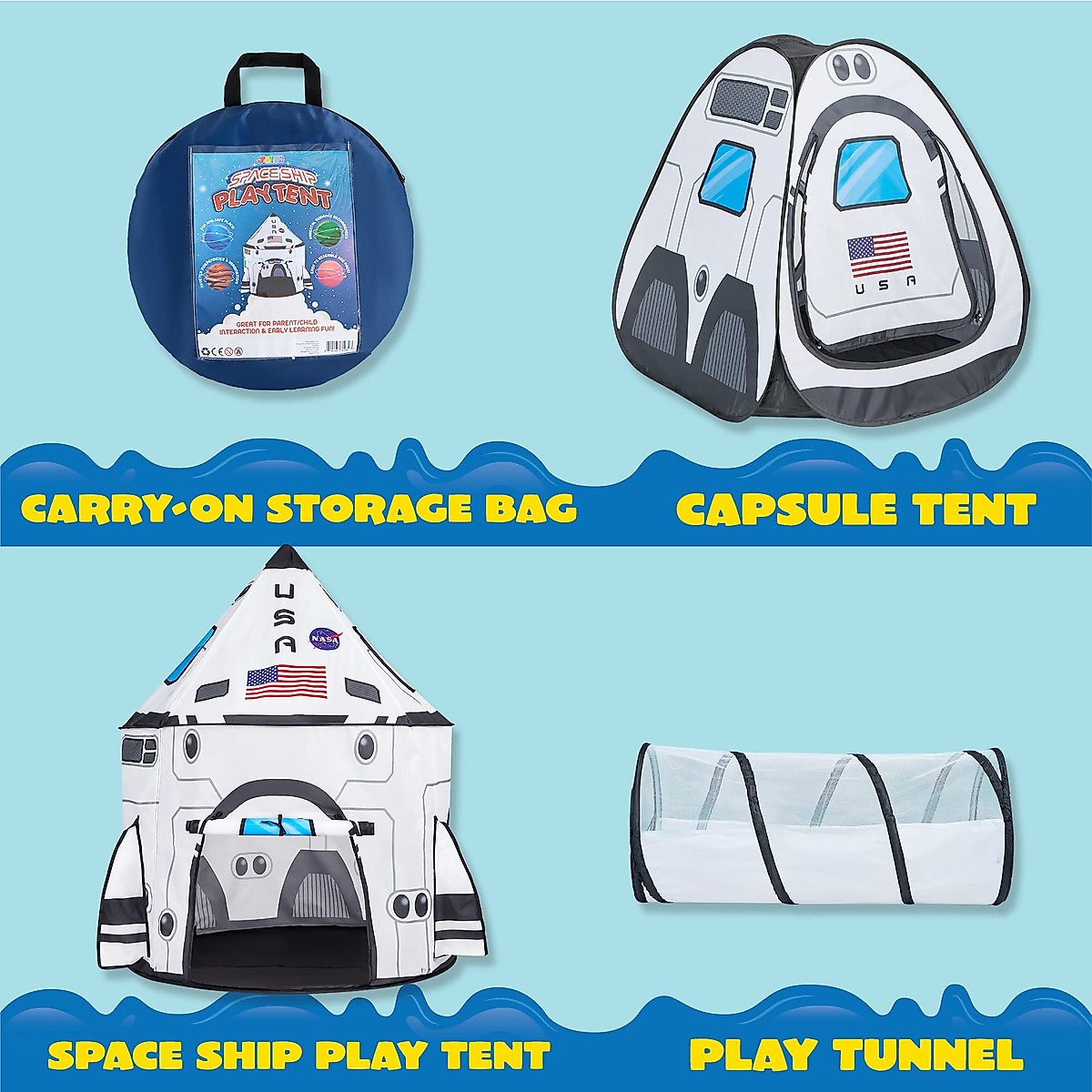 JOYIN White Rocket Ship Pop up Play Tent with Tunnel and Playhouse Kids Indoor Outdoor Spaceship Tent Set