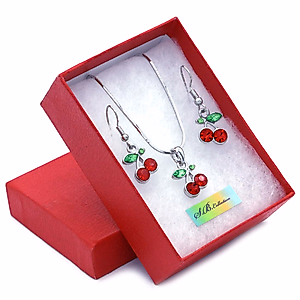 Soulbreezecollection Cherry Necklace Fruit Pendant Charm Dangle Drop Earrings Red Green Rhinestone Fashion Jewelry Set