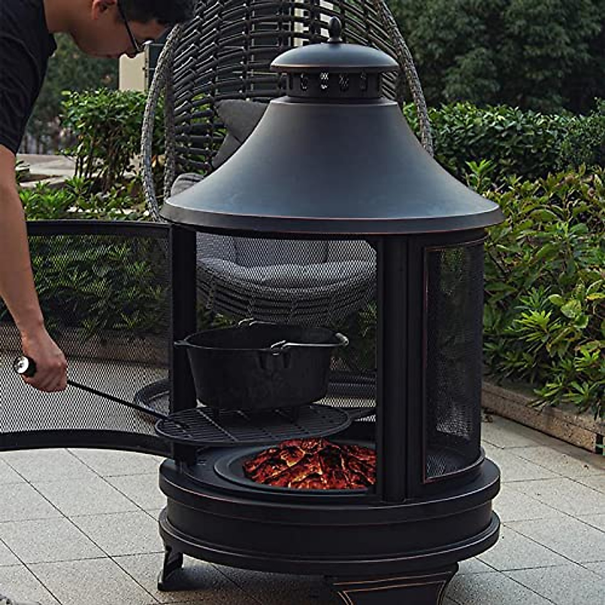 JinKeHong Cast Iron Wood Burning Stove, Wood Cook Stove with Large Firebox with Rain Cover, 3-Speed Adjustable Cast Iron Grill, for Outdoor Patio Home Garden Business