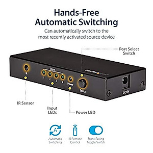 StarTech.com HDMI 2.0 Switch - 4 Port - 4K 60Hz - HDMI Automatic Video Switch Box - Multi Port Hub w/ 1 In 4 Out Functionality (VS421HD20)