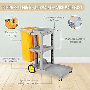 Janitorial Utility Cart - Multifunctional 3-Tier Cleaning Cart for Apartment Buildings, Business Centers, Hotels - Waste Management Trolley - Janitor Cleaning Push Cart w/ 25-gal Removable Trash Bag