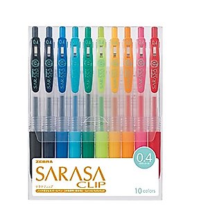 ZEBRA Sarasa Clip Gel Ink Ballpoint Pen, 0.4mm, 10 Color Set (JJS15-10CA)