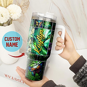 WAZONE Personalized Butterfly 40oz Travel Cup With Lid And Straw Custom Name Vacuum Stained Glass Style Tumblers Stainless Steel Insulated Cup Travel Mug Gift for Girls Woman Mother Coworker