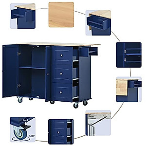 FEELLE Rolling Mobile Kitchen Island with Drop Leaf - Solid Wood Top, Locking Wheels & Storage Cabinet 52.7 Inch Width（Dark Blue）
