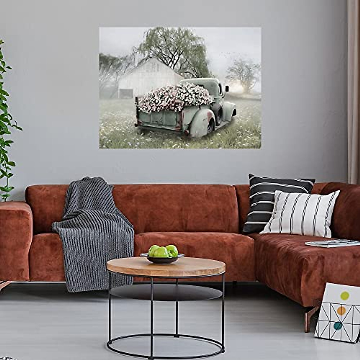 Fine Art Canvas Sage Green Truck with Blush Petunias Canvas Print by Artist Lori Deiter for Living Room, Bedroom, Bathroom, Kitchen, Office, Bar, Dining & Guest Room - Ready to Hang - 32 in x 24 in (W x H)