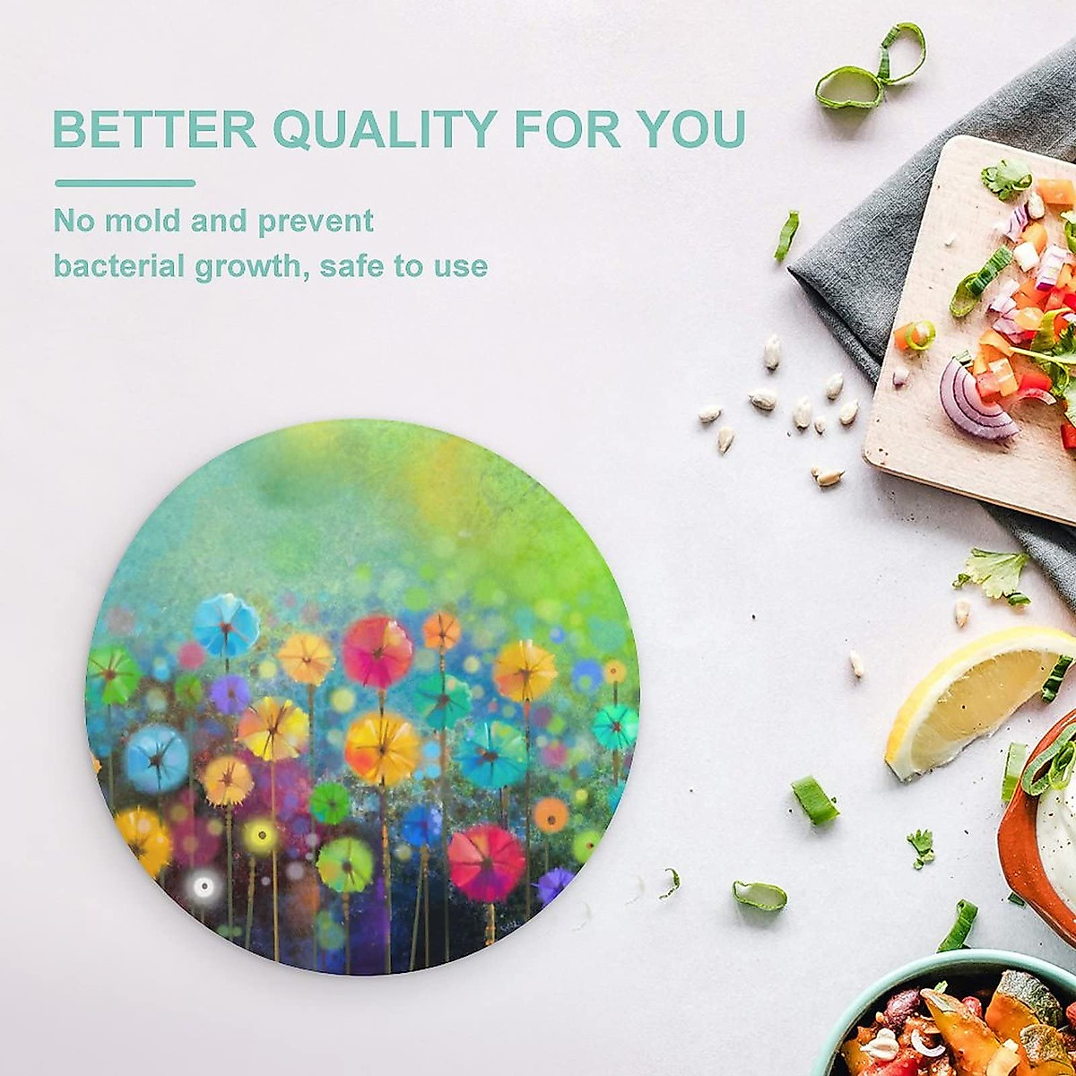 Bagea-Ka Seasonal Nature Spring Summer Autumn Winter Flowers Pattern Tempered Glass Cutting Board 8" Round Kitchen Decorative Chopping Board Small