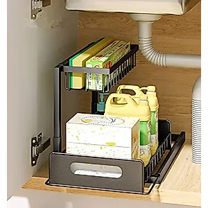 Under Sink Organizers and Storage - ZeJlo Metal 2 Tier Rustproof Under Cabinet Storage - Sliding Kitchen Sink Organizer for Kitchen Bathroom
