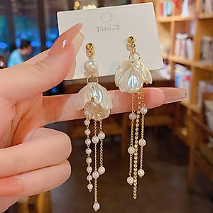 Kruckel Peach Blossom Floral Long Drop Dangling Earrings - Golden Studs with White Pearls, Jewelry for Women,Easy - Wear Fashion Design Accesory Packed with Durable Jewelry Box