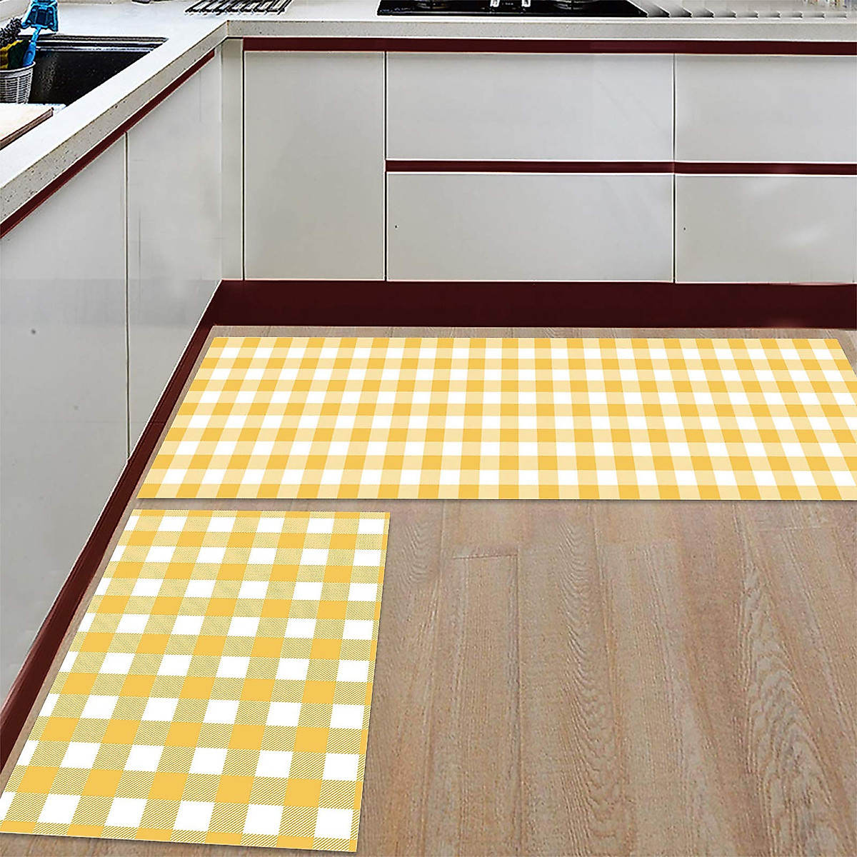 Kitchen Runner Rug, Country Style Yellow and White Buffalo Check Plaid Checkered Non Slip Runner Carpet Door Mats Floor Mat for Bedroom Bedside Laundry Bathroom Set of 2