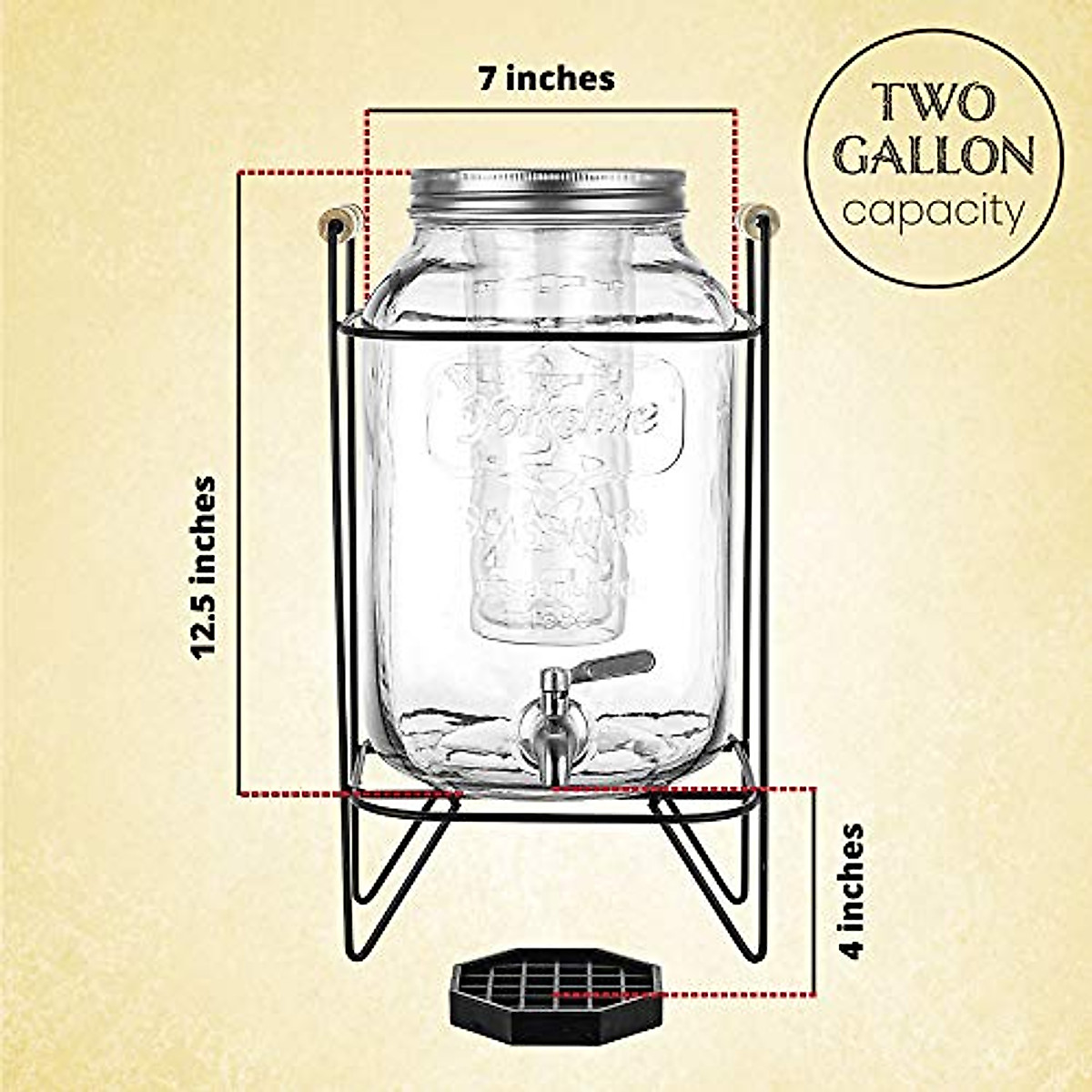 2 Gallon Glass Beverage Dispenser with Ice and Fruit Infusers, Metal Wire Stand with Wooden Handles, Drip Tray and Stainless Steel Spigot- Mason Drink Dispenser for Iced Tea, Kombucha, Infused Water