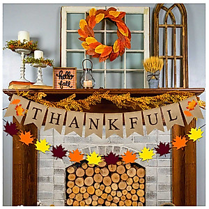 Thankful Burlap Banner, Happy Fall Banner Autumn Maple Leaves Thanksgiving Banner for Mantle Fireplace Rustic Bunting Harvest Garland for Thanksgiving Party Supplies Home Decoration (2 Pcs)