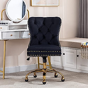 Guyou Black and Gold Vanity Chair Upholstered Velvet Home Office Desk Chair Swivel Desk Chair with Tufted Buttons for Bedroom (Black)