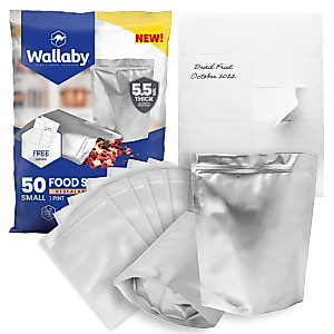 Wallaby 50 Count 1-Pint Gusset Mylar Bags with Labels, 11 Mil Total Thicker Long-Term Food Storage Pouches, 6x8 Stand-Up Zipper Heat-Sealable Airtight Packaging - Silver