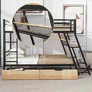 VilroCaz Multi-Functional Twin Size Metal Bunk Bed with Built-in Desk and Light, Metal Bunk Bed Frame with Safety Guardrail and 2 Storage Drawers, Trapezoid Design Bunk Bed for Kids Teens Adults