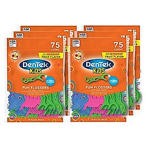 DenTek Kids Fun Flossers, Removes Food & Plaque, Wild Fruit Flavored Floss Picks, 75 Count, 6 Pack