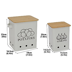 Kitchen Vegetable Storage Tins Set of 2 for Potatoes, Onion, with wooden lid Garlic Bin Caddy, Long Shelf Life-white