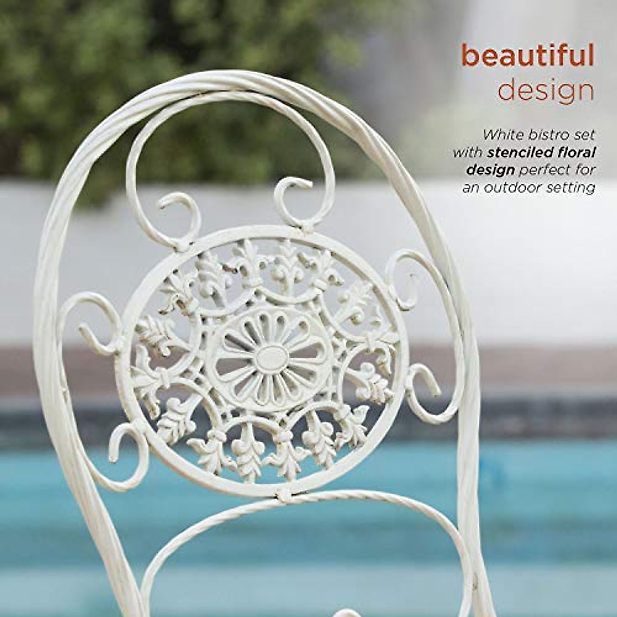 ALPINE 3-Piece Floral Bistro Outdoor Conversation Set for Patio, Yard, Garden, 28-Inch Tall, White