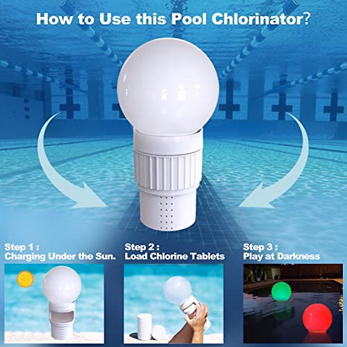 Pool Chlorine Floater, Spa Chemical Dispenser with Solar Ball Light, Floating Chlorine Dispenser Up to 4PCS 3inch Tablets, Pool Chlorinator Easy Open Basket, Bromine Holder for Hot Tub