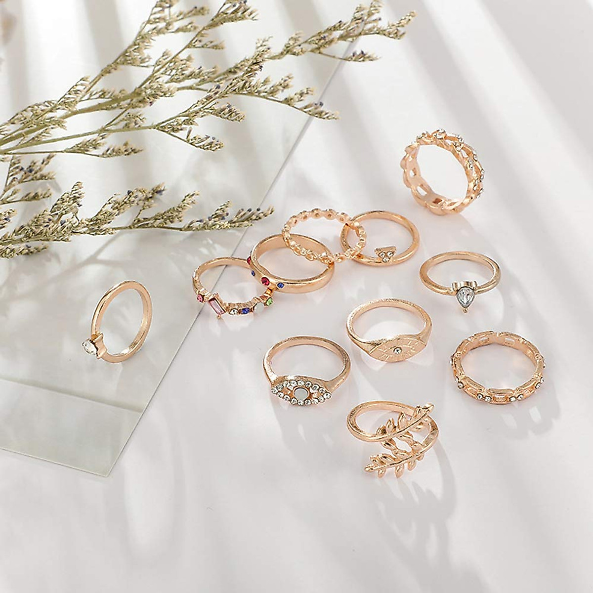 Missgrace Stackable Dainty Gold Color Boho Rhinestones Rings Set Festival Bohemian Rings Set Beach and Vacation Summer Jewelry Knuckle Rings Tribal Accessory for Women and Girls 11 (Style 8)