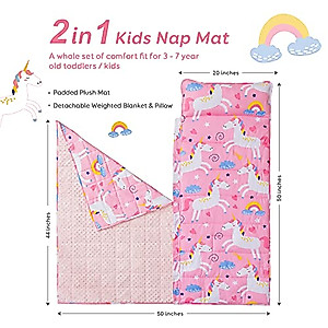 Sivio Toddler Nap Mat for Daycare, Sleeping Bag for Kids with Detachable Pillow, Weighted Blanket 3lbs for Kids Napping, Cotton Soft for Preschool Kindergarten, 50 x 20 Inches,Pink Unicorn