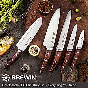Brewin CHEFILOSOPHI Chef Knife Set 5 PCS with Elegant Red Pakkawood Handle Ergonomic Design,Professional Ultra Sharp Kitchen Knives for Cooking High Carbon Stainless Steel Japanese Chef's Knife