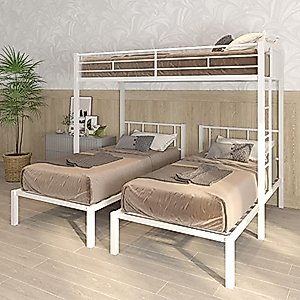 Triple Bunk Bed,Twin Size Triple Bunk Bed with Ladder & Safety Guardrail,Divided into 3 Separate Beds,Metal Structure Bedframe w/Steel Slat Support,Detachable,No Box Spring Needed,Noise Free for Dorm