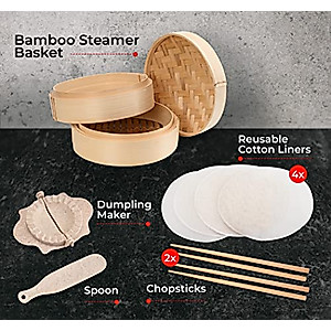 Annie’s Kitchen Complete Set Handmade Bamboo Steamer Baskets, Lid Dumpling Maker with Spoon, 4 Reusable Cotton Liners, 2 sets Chopsticks- For Rice, Vegetables, Fish, Meat, Desserts (8 Inch- 2 Tiers)