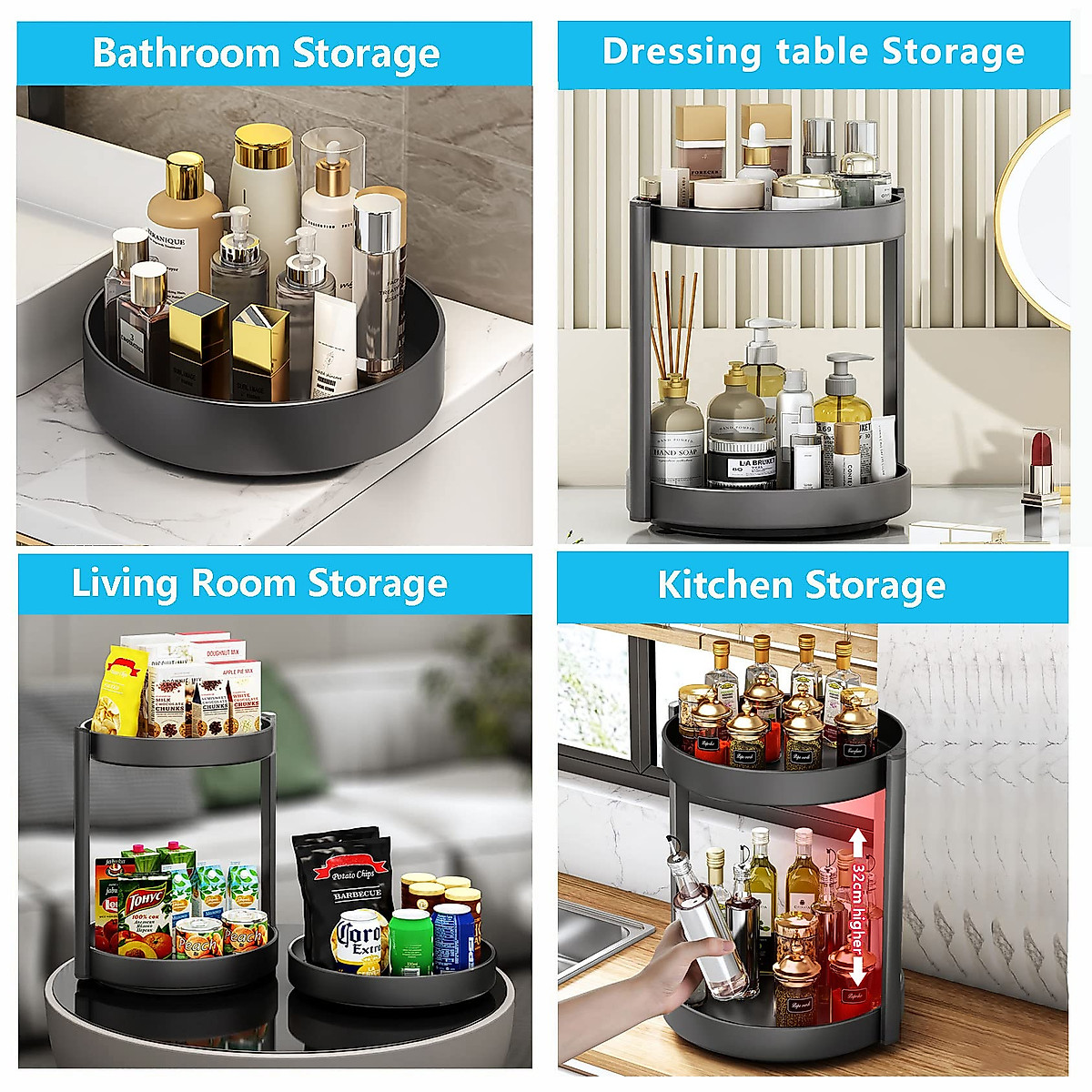 Kibuhain Lazy Susans Organizer Round Turntable Spice Rack, 10Inch Dia Non-Skid Cabinet Organizer, 360° Rotating Spice Jars Organizer & Holder for Kitchen, Bathroom, Living Room