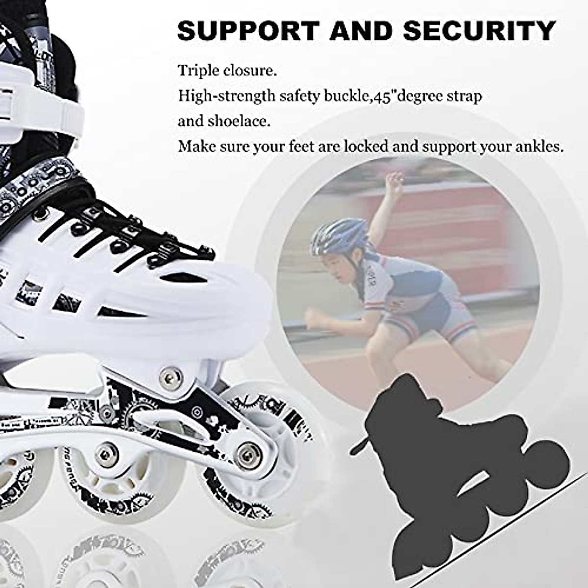 CLEBAO 4 Size Adjustable Inline Skates for Kids and Adults Flash Men and Women Inline Roller Skates Beginners Boys and Girls Blades Pu Mesh White