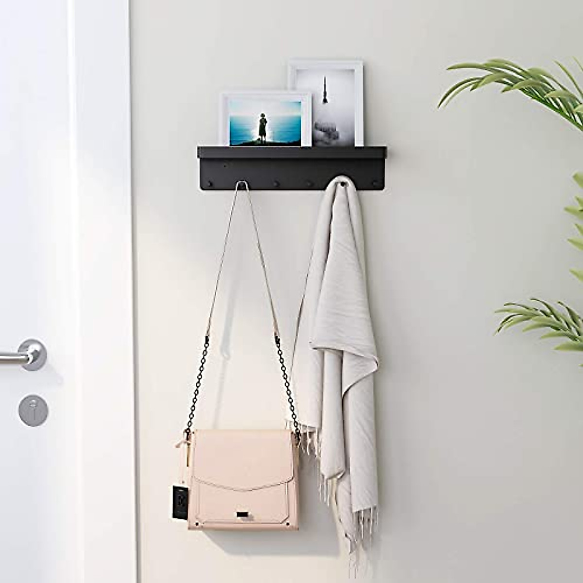 6 Hooks Key Holder for Wall Decorative, Mail Organizer Wall Mount with Key Hooks, mail holder with key hanger, Key Rack Organizer for Entryway, Hallway, Kitchen, Office and Farmhouse (black)