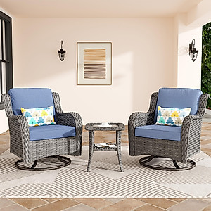 ovios 3 Pieces Patio Swivel Chairs with Side Table, Outdoor Wicker Rocking Chairs with Comfy Cushions, High Back Glider Rocker Chair Set for Porch Deck, Grey Rattan/Denim Blue