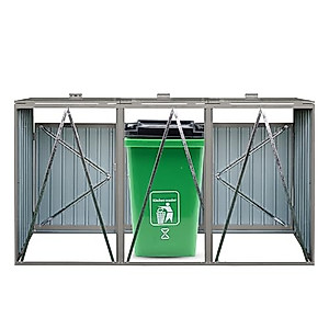 Jintop 94.48" Metal Garbage Bin Shed Stores with Ventilated and Lockable,Patio Furniture 3 Trash Cans Outdoor Sheds w/Rust-Proof & Scratch- Resistant,for Garden Yard Lawn,Grey