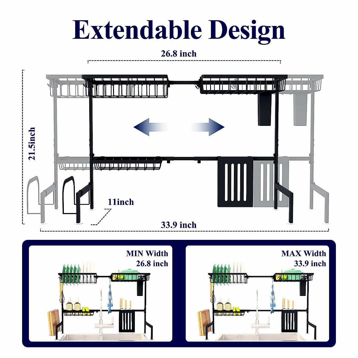 Kitsure Over The Sink Dish Drying Rack - 23.6" to 35"x21.2", Adjustable Sink Drying Rack for Kitchen Sink with Large Capacity, 2-Tier Dish Rack Over Sink with Multifunctional Baskets,Black
