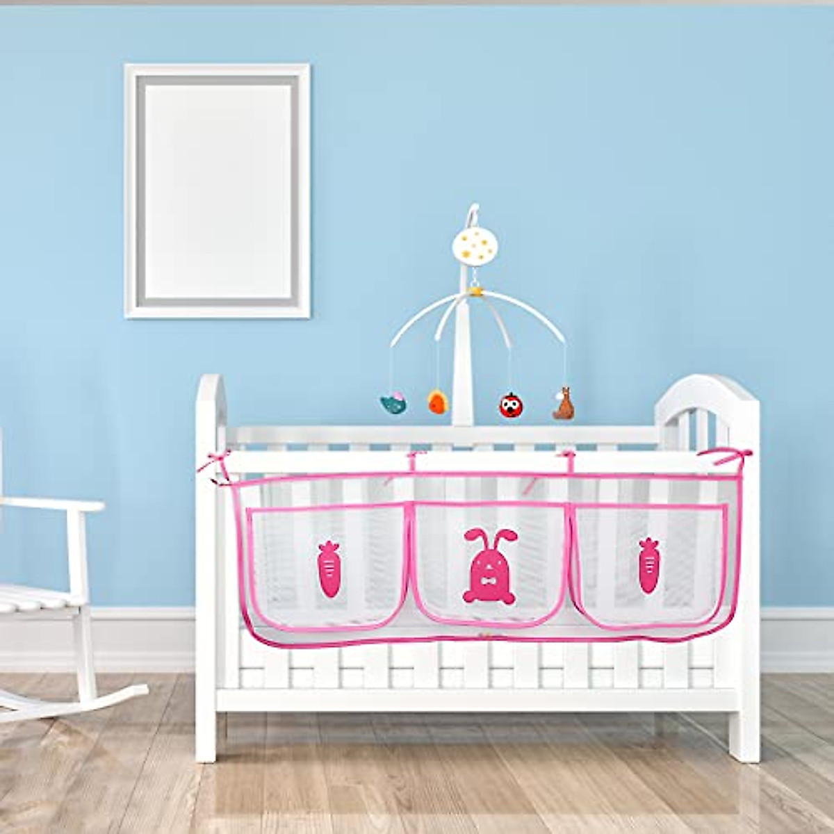 Nylon Mesh Cloth Baby Bedside Hanging Storage Bag, 3 Pockets Baby Crib Storage Bag, Baby Clothes Hanging Diaper Organizer for Baby Cribs and Toys