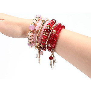 8 Packs Beaded Bracelet Bohe Multilayer Chain Tassel Stackable Charm Stretch Statement Bracelet Set