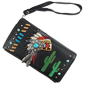 Zelris Native Indian Chieftain Headdress Feather Turquoise Stone Cactus Wallet (Black)