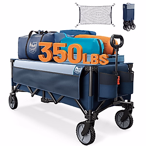 TIMBER RIDGE 51.2'' Extended Collapsible Wagon Cart with Cargo Net, 350LBS Heavy Duty Foldable Utility Wagon with Adjustable Handle, 250L Capacity Portable Cart for Camping Sports Shopping, Blue