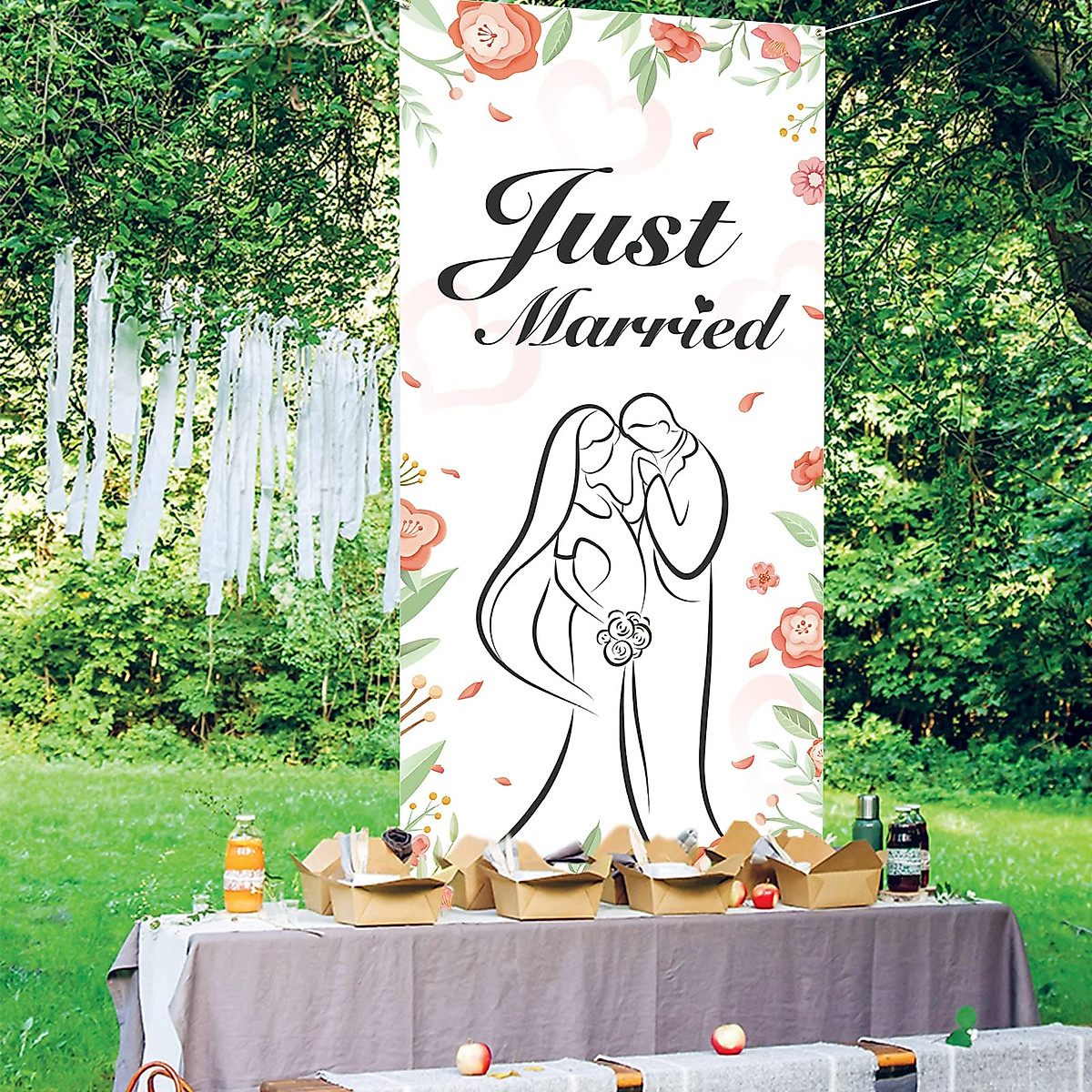 DPKOW Pink White Just Married Banner (6x3 feet) - Premium Wedding Engagement Party Decoration, Bridal Shower Door Cover, Romantic Rose Design, Tear Resistant, Reusable