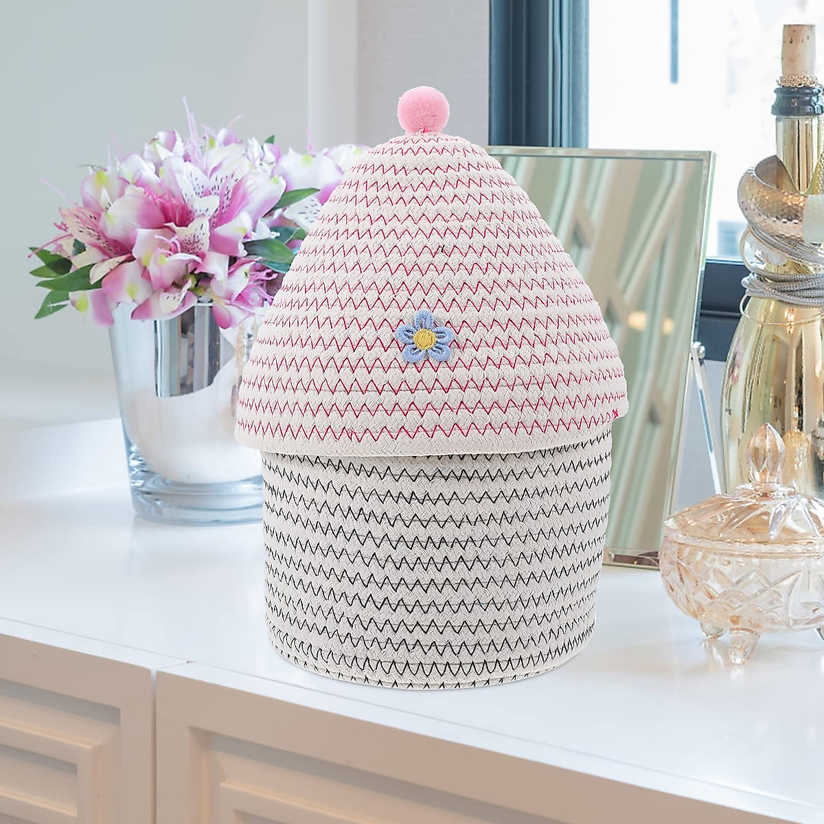 HANABASS Cotton Rope Storage Basket with Lid Small Woven Baskets Cute Toy Storage Basket Mini Storage Bins for Living Room Nursery Bathroom Desk Red