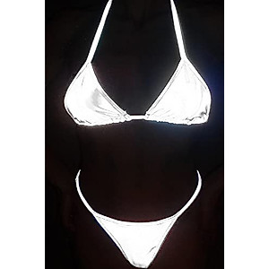 Reflective Rave Outfits for Women - Sexy Shiny Festival Halter Triangle Top Thong EDM Night Metallic Bikini Set(Silver,XS,1036e)