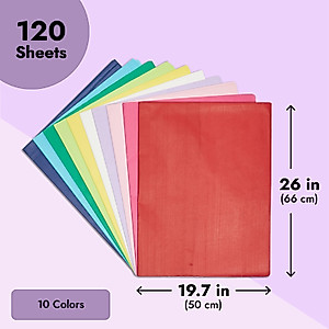 120 Sheets of 20 x 26" Tissue Paper for Gift Bags Wrapping, 10 Assorted Colors, Bulk for Arts, Crafts, Packaging, Party Decor