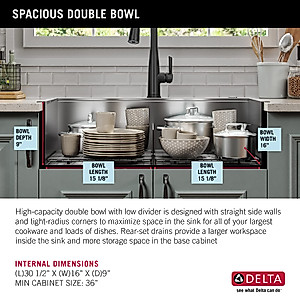DELTA FAUCET Rivet 33-Inch Workstation Kitchen Sink Drop-In Top Mount 16 Gauge Stainless Steel 50/50 Double Bowl with WorkFlow Ledge and Chef’s Kit of 8 Accessories, 95A931-33D-SS