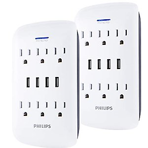 Philips 6-Outlet Extender with 4-USB Port Surge Protector, 2 Pack, Charging Station, 900 Joules, Grounded Power Adapter, Indicator Light, 3-Prong, 4.2 AMP/21 Watt, ETL Listed, White, SPP6469WG/37