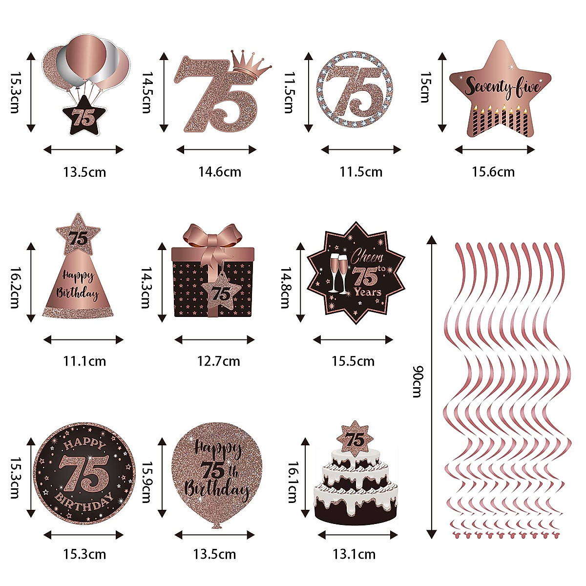 Happy 75th Birthday Hanging Swirls Streams Ceiling Decorations, Celebration 75 Foil Hanging Swirls with Cutouts for 75 Years Old Rose Gold Birthday Party Decorations Supplies