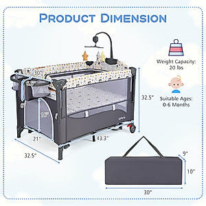 INFANS Pack and Play, 5 in 1 Baby Bedside Sleeper with Bassinet, Diaper Changer, Mattress, Carry Bag, Music Box Hanging Toys, Foldable Bedside Crib, Portable Playard for Newborn Toddlers (Bear)