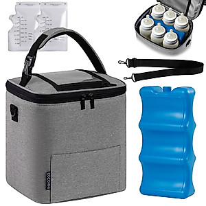 Breastmilk Cooler Bag with Ice Pack Reusable Storage Bags, Fit 6 Baby Bottles, Insulated Baby Bottle Cooler Bag Suitable for Nursing Mom Daycare, Waterproof with Zipper Pocket, Grey