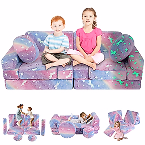 13 PCS Kids Play Couch, Modular Kids Play Couch Set,Glowing Toddler Couch, Kid Play Couch Sofa for Playroom and Bedroom (Rainbow)