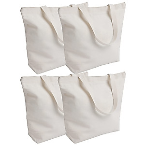 Acoavo Grocery Bag with Zipper 4 Pack 15.7'' × 13.7'' Reusable Canvas Tote Bags Bulk for Shopping Bags DIY Gift Bags White